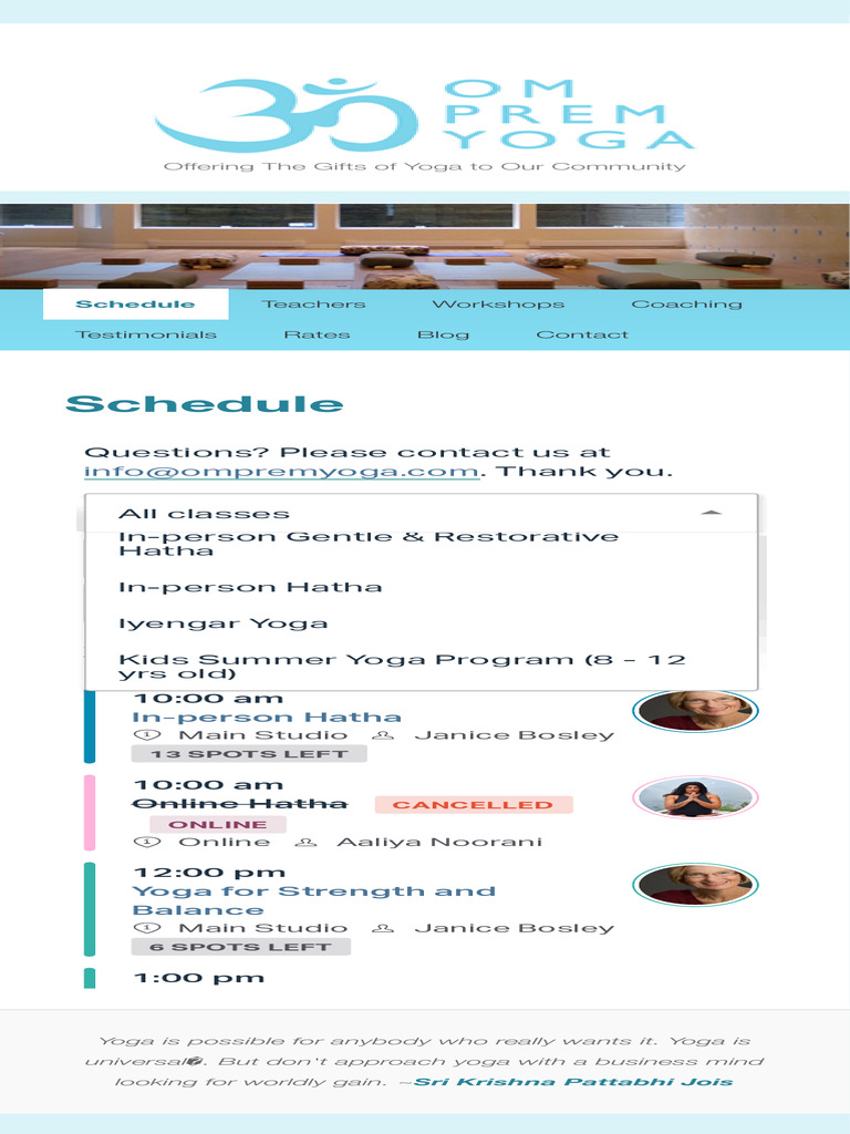 Schedule Om Prem Yoga Studio | PDF