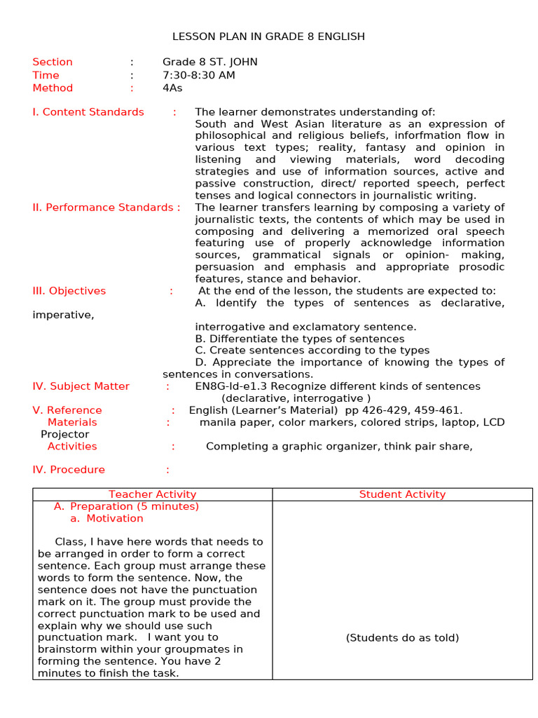 Detailed Lesson Plan Grade 8 Kinds of Sentences | PDF | Question ...