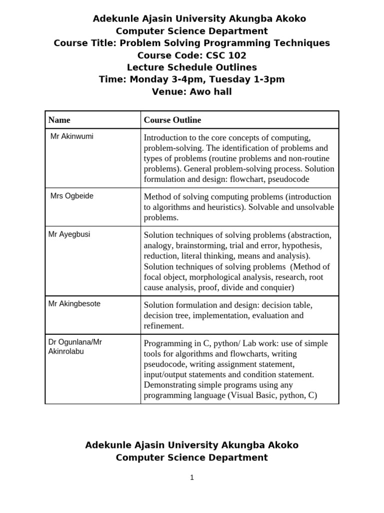 CSC - 102 - Outlines - 2024 - 25 - 025835 | PDF | Algorithms | Computer Programming