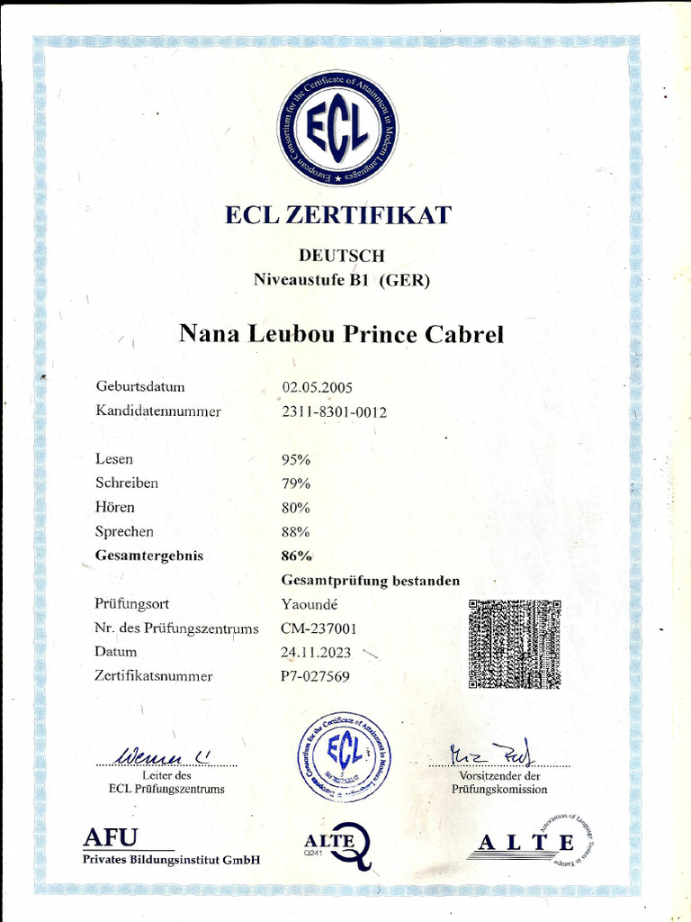 Zeugnis ECL-prüfung B1 | PDF