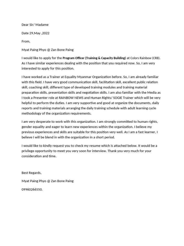 Cover Letter Myat Paing Phyoe | PDF