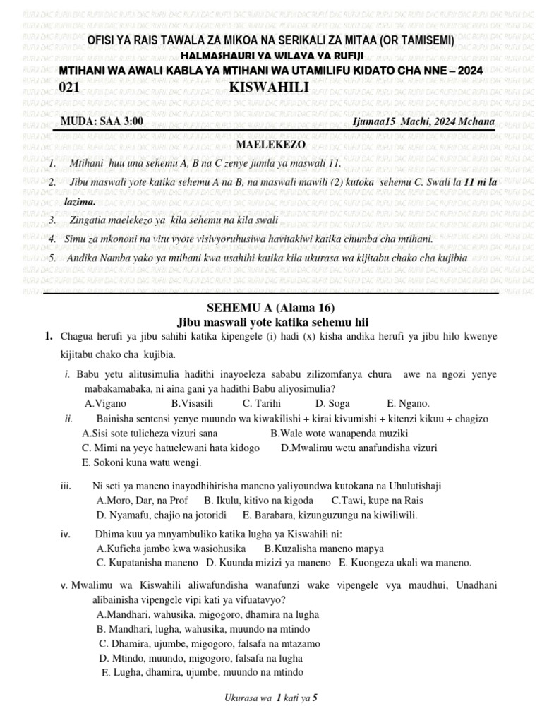 Rufiji Kiswahili - Exam With Ms PDF | PDF