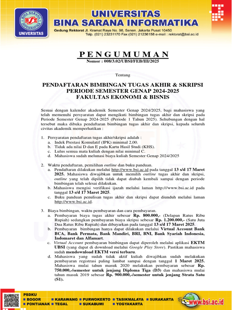 Edaran Pendaftaran TA Dan Skripsi Periode Semester Genap 2024-2025 FEB Ok | PDF