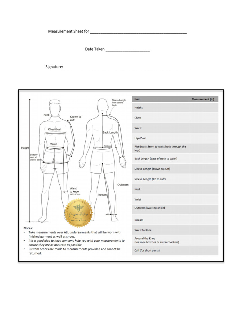 Mens Measurement Sheet | PDF