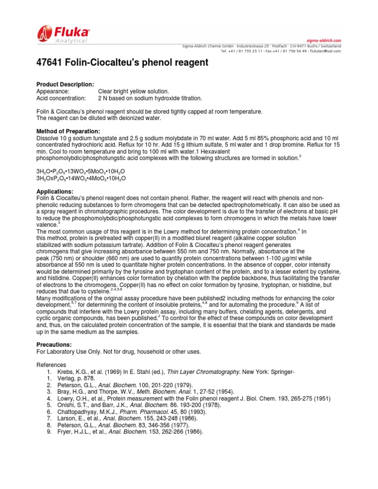 Folin-Ciocalteu Phenol Reagent | PDF | Sodium | Acid