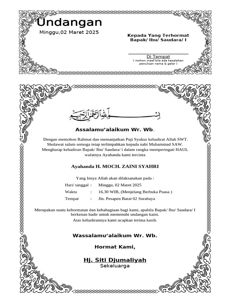 Undangan Kirim Doa Haul | PDF