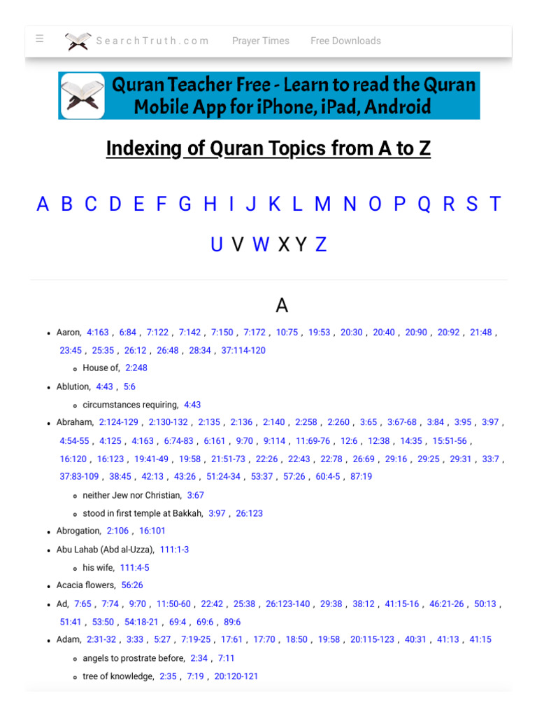 Quran Topics Index A-Z | PDF | Prophets And Messengers In Islam | God ...