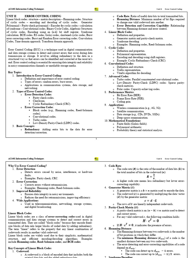 Unit Ii Error Control Coding | PDF | Error Detection And Correction | Low Density Parity Check Code