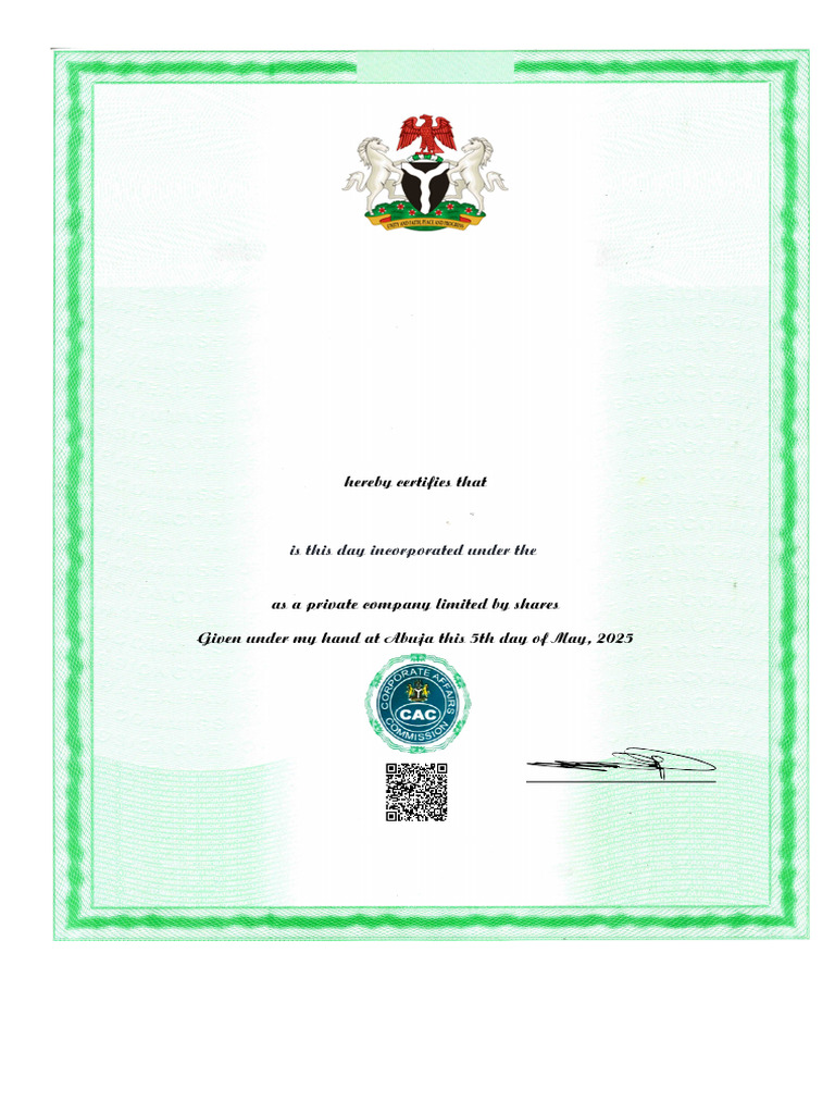 CAC CERTIFICATE - ZEEMANEGIRL LTD | PDF