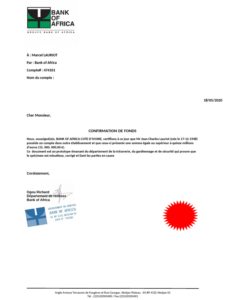 Confirmation de Fonds - Bank of Africa | PDF