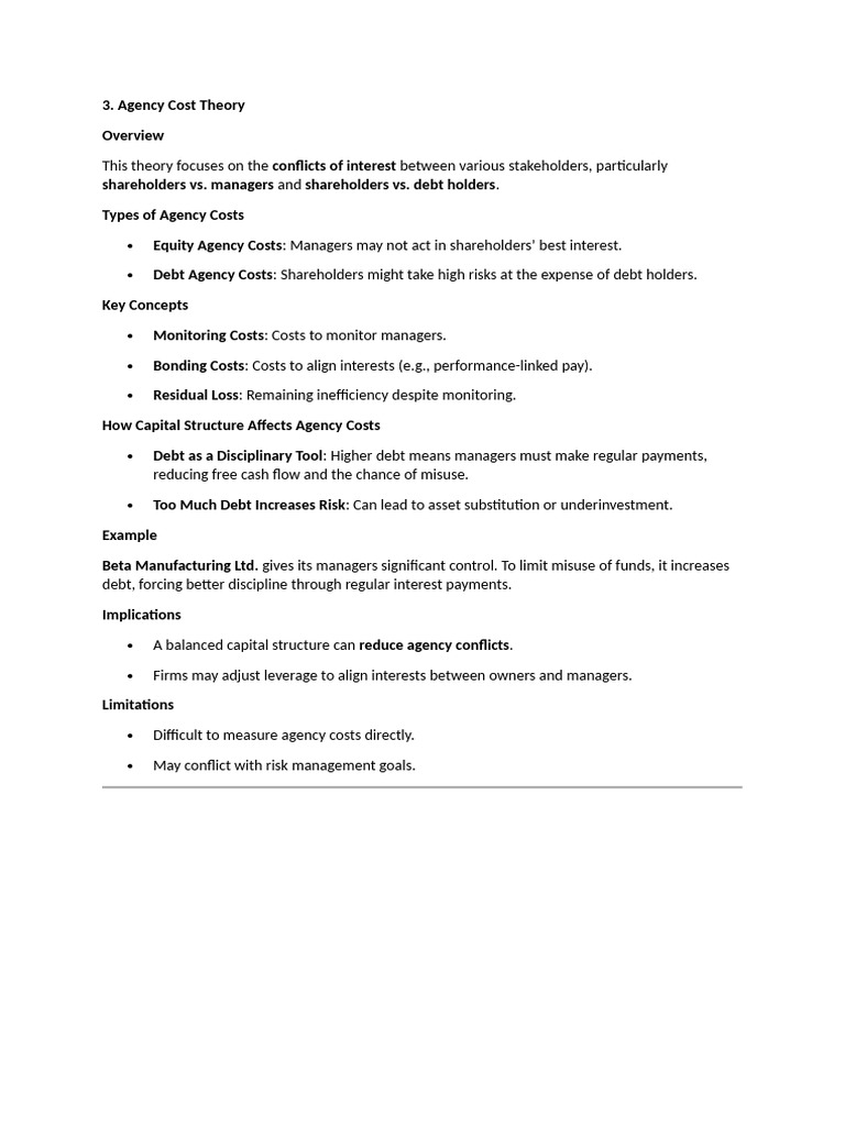 Agency Cost Theory in Corporate Finance | PDF