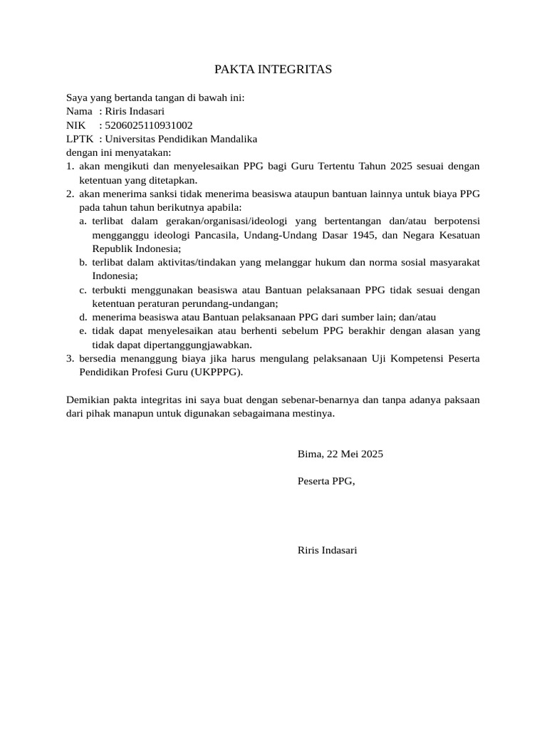 Pakta - Integritas - Mahasiswa - PPG - Guru Tertentu - 2025 | PDF