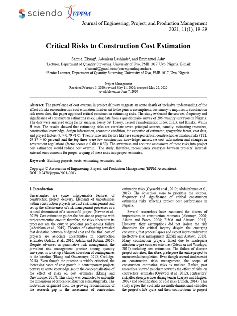 Critical Risks in Construction Cost Estimation | PDF | Risk | Factor ...