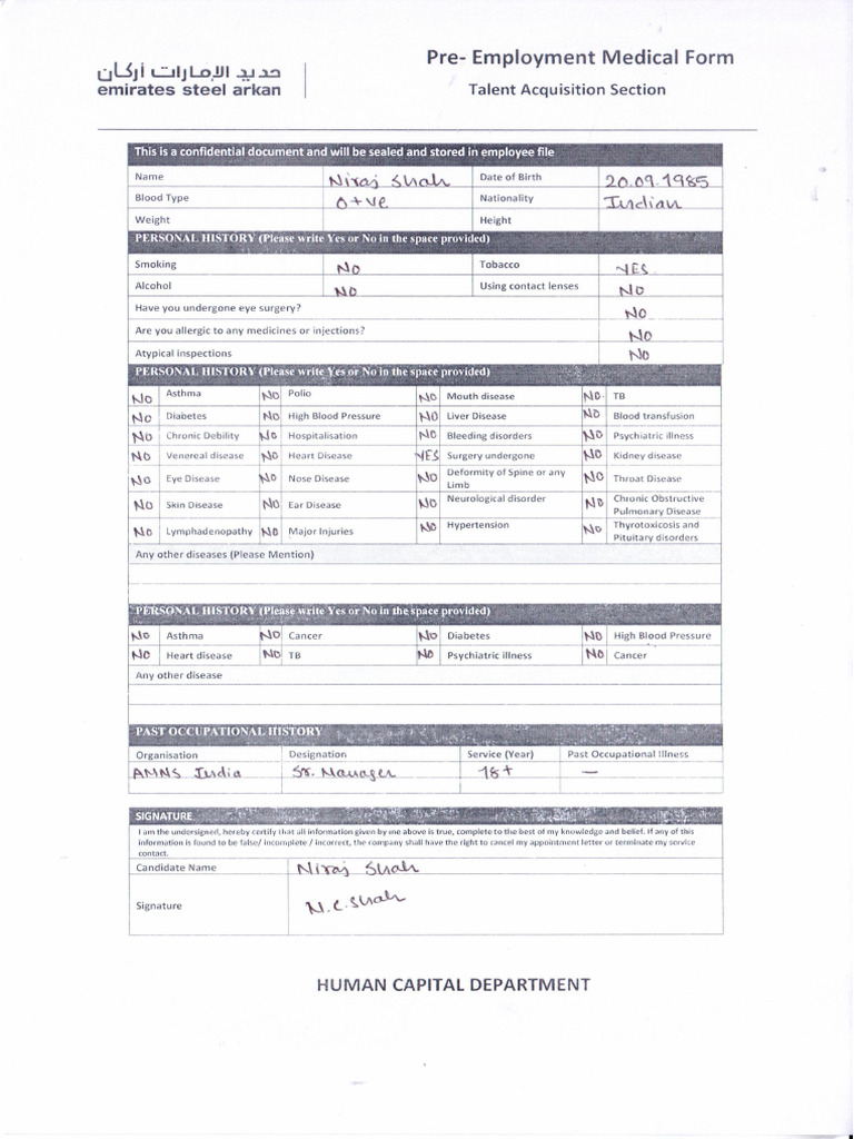 Pre Employment Medical Form | PDF