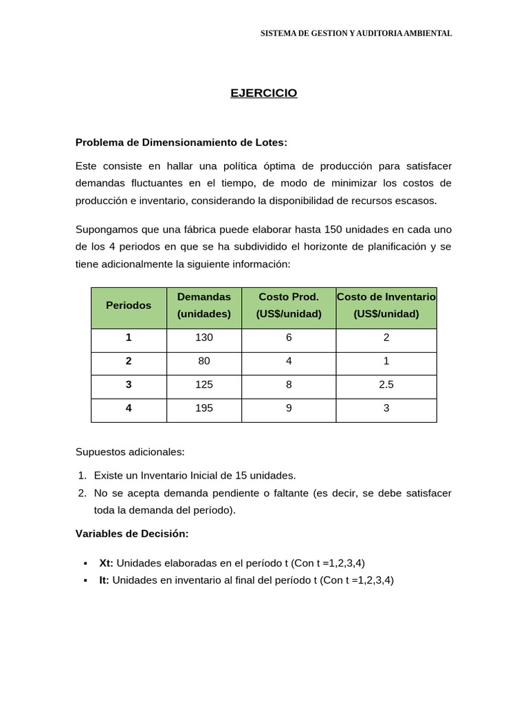 Ejercicio Dimensionamiento de Lotes 1 | PDF