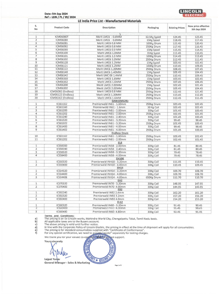 LINCOLN Price List Sep-24 | PDF