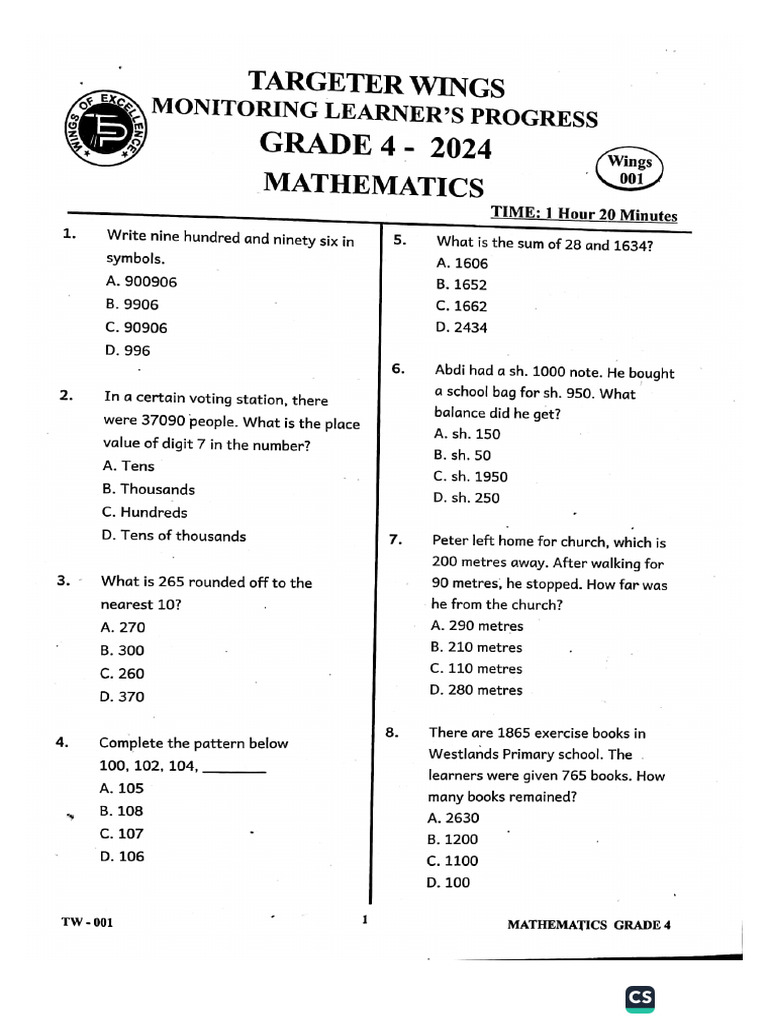 Grade 4 Mathematics Targeter Wings 001 2024 | PDF