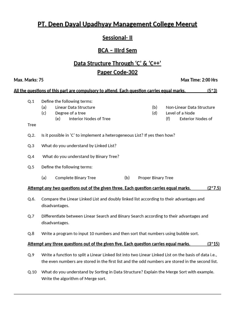 SESSIONAL QUESTION PAPER (DS BCA-3RD SEM) JAN - 2022 | PDF | Theoretical Computer Science ...