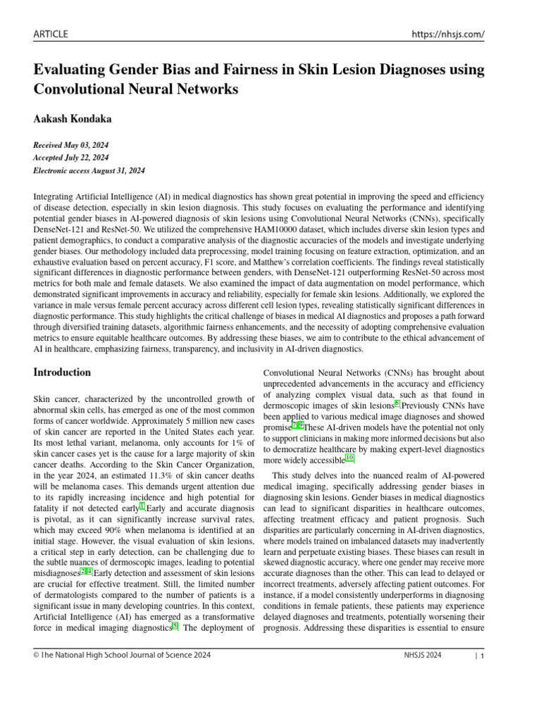 Evaluating Gender Bias And Fairness In Skin Lesion Diagnoses Using Convolutional Neural Networks