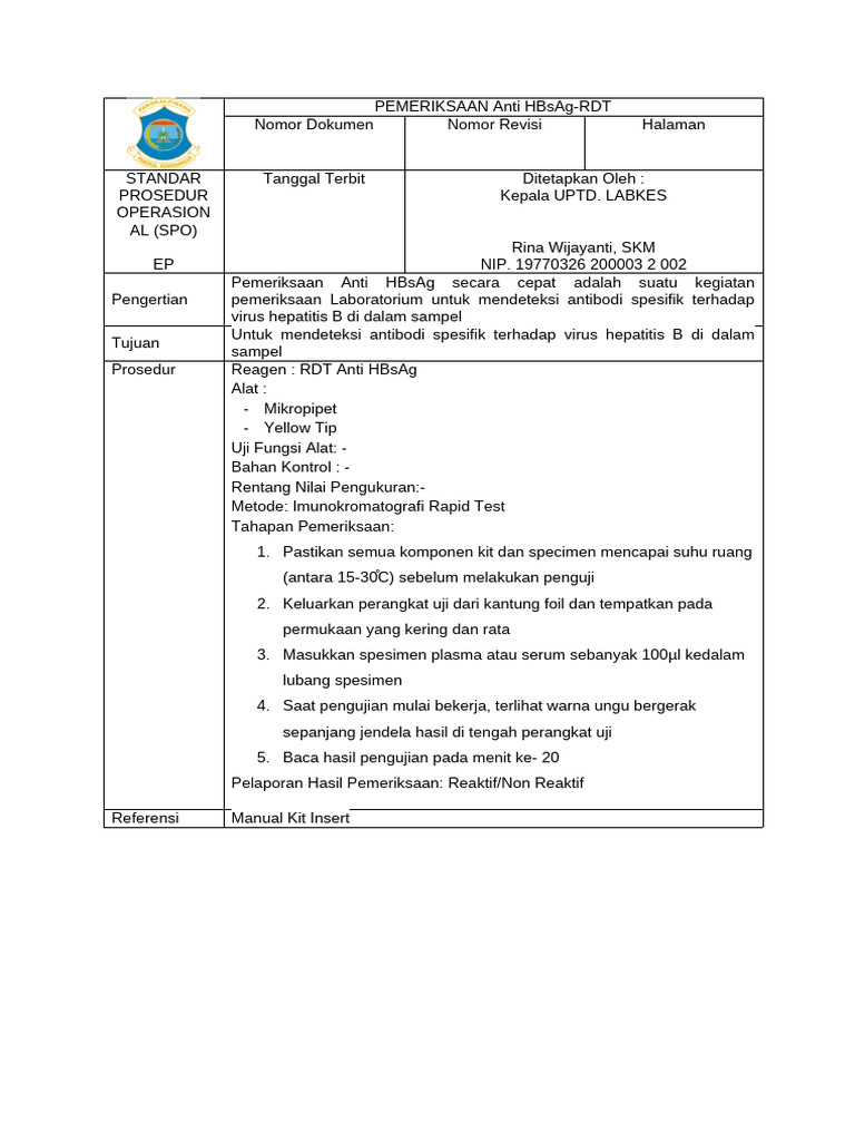 PK Pemeriksaan Anti HBsAg-RDT | PDF