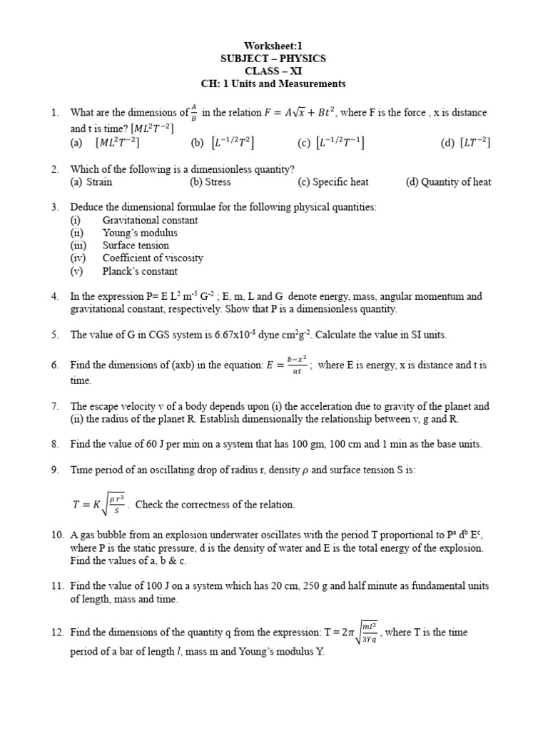 Physics Units and Measurements Worksheet | PDF | Physical Quantities ...