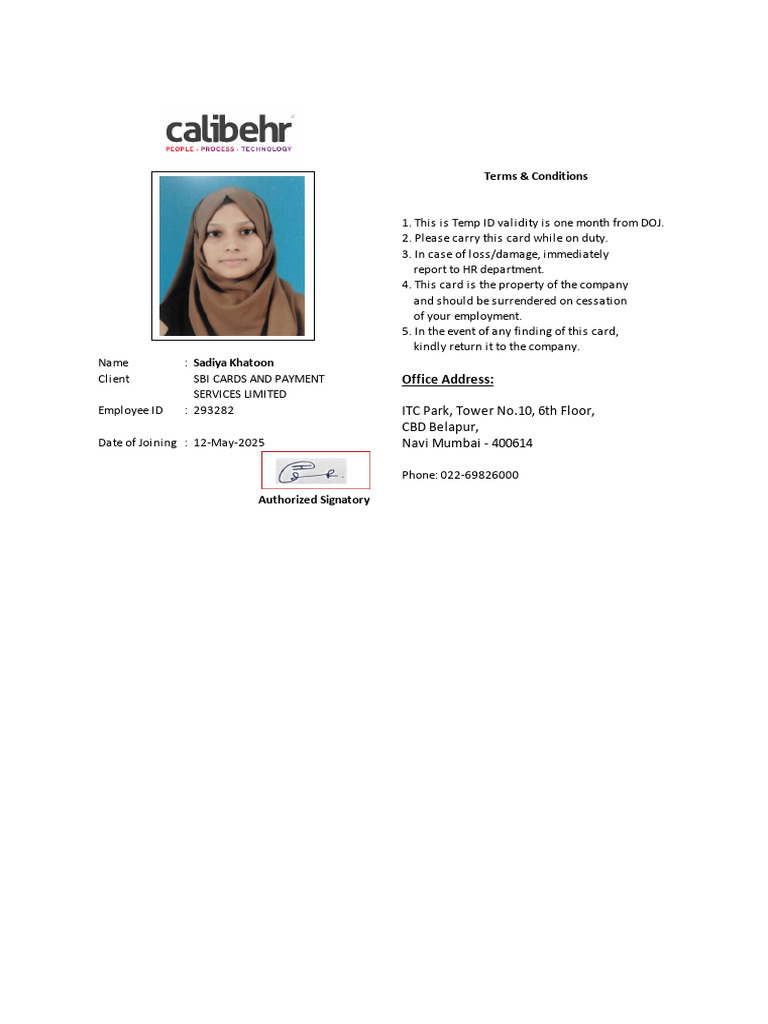 Sadiya Khatoon (293282) ID Card | PDF