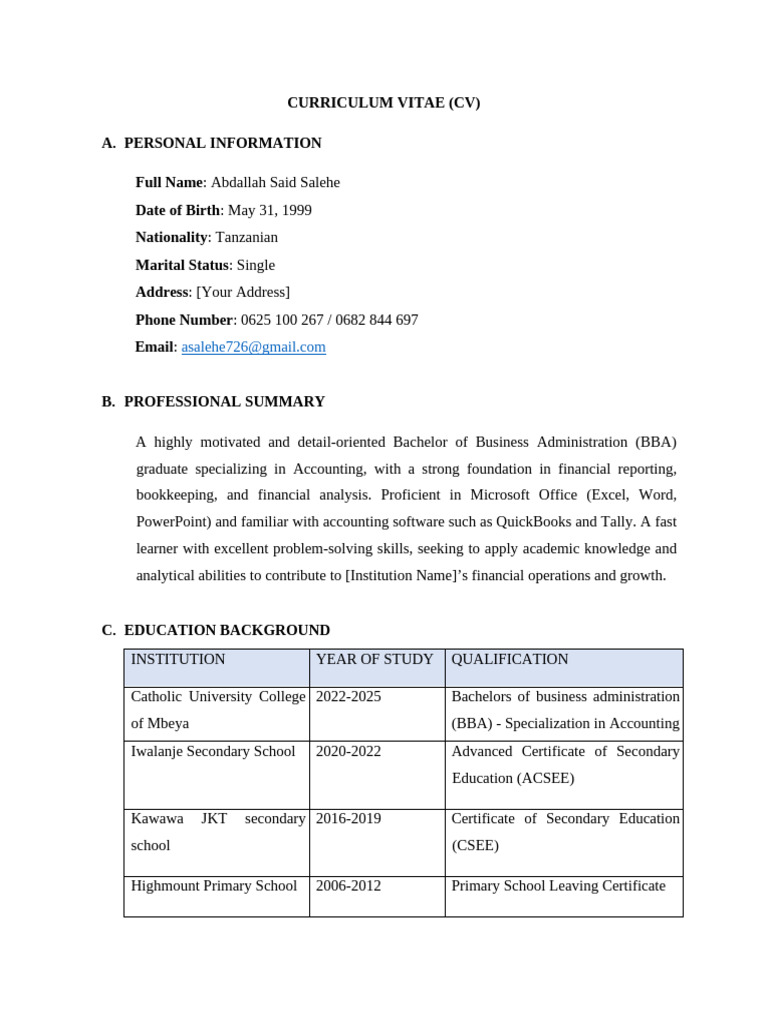 (UPDATED) Abdallah Said Salehe CV - 044409 | PDF | Accounting | Microsoft Excel
