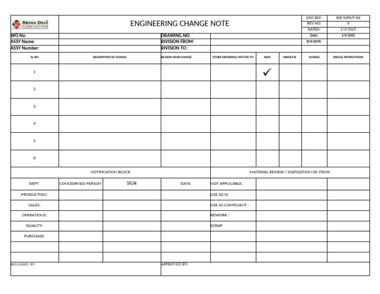 Engineering Change Note: WO No: Drawing No: ASSY Name: Rivision From ...