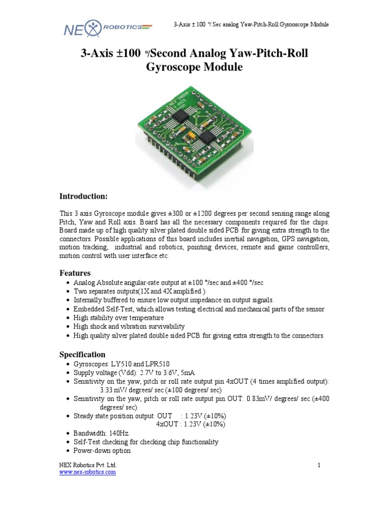 3 Axis 100 Degree Second Analog Pitch, Roll-Rate Gyroscope Module | PDF ...