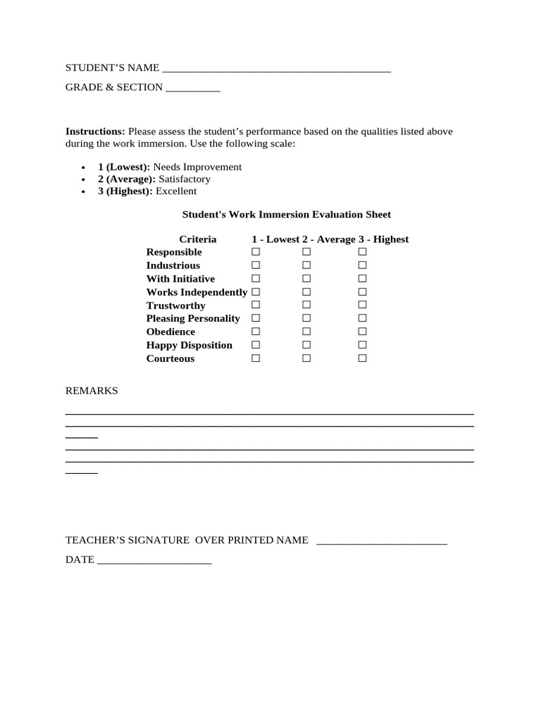 Wi Student Eval Sheet 2425 | PDF