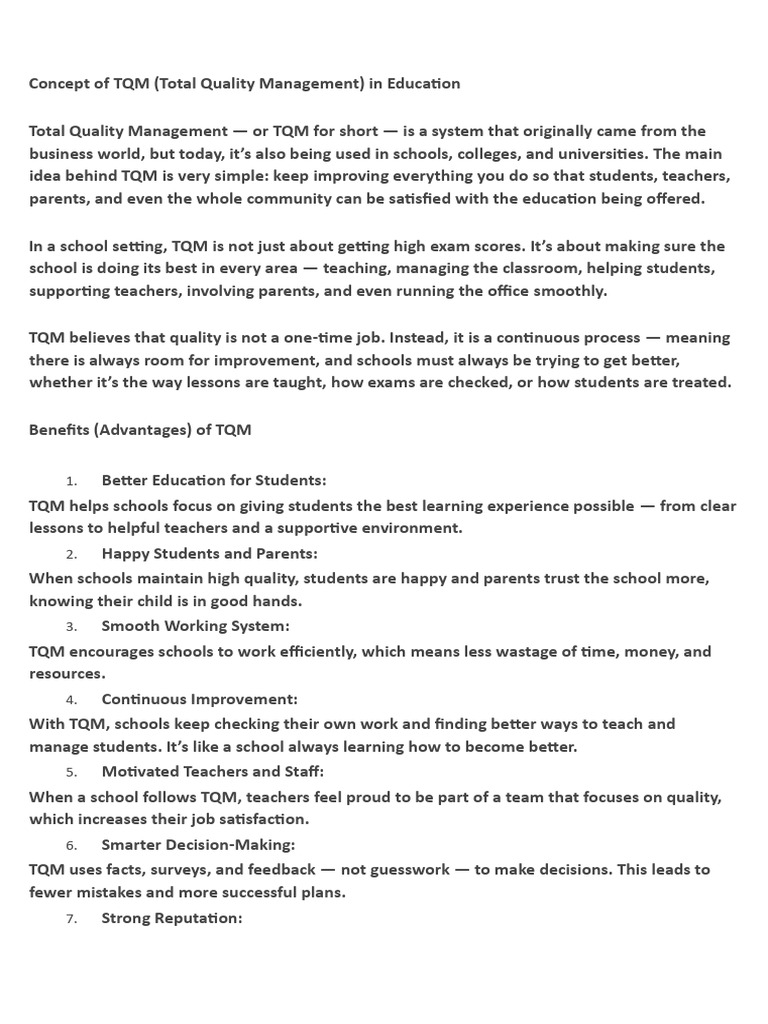 Concept of TQM (Total Quality Management) in Education | PDF | Teachers ...