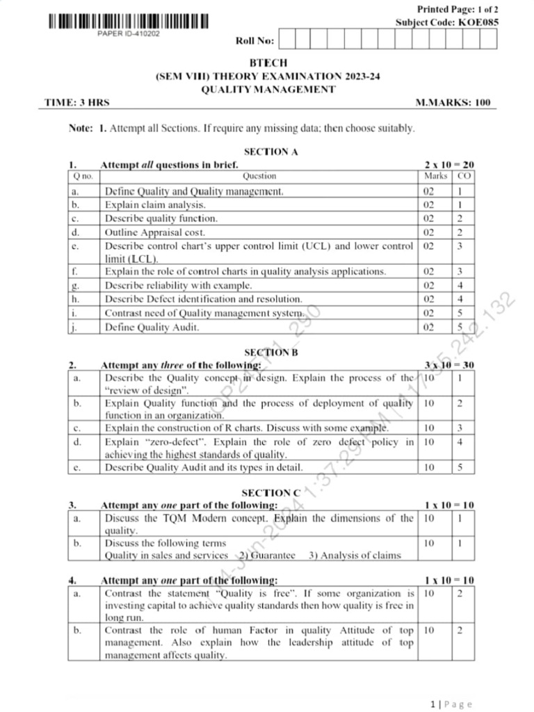 Btech Oe 8 Sem Quality Management Koe085 2024 | PDF