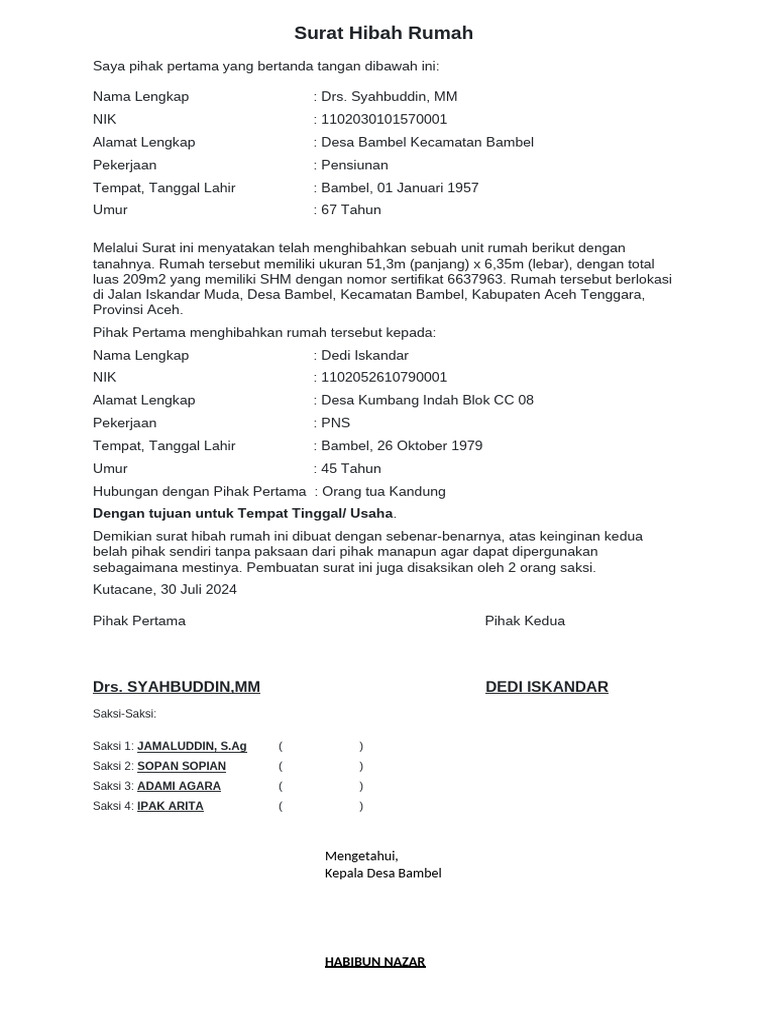 Surat Hibah Rumah | PDF