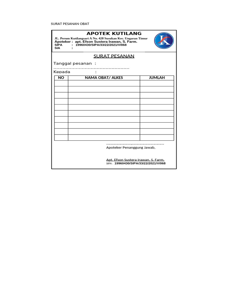Contoh Surat Pesanan Obat | PDF