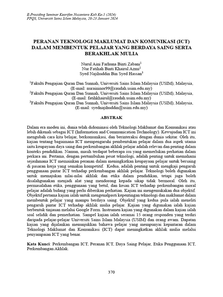 Peranan Teknologi Maklumat Dan Komunikasi (Ict) Dalam Membentuk Pelajar ...