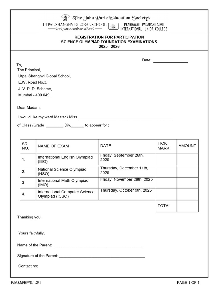 School Olympiad Registration Form Pdf