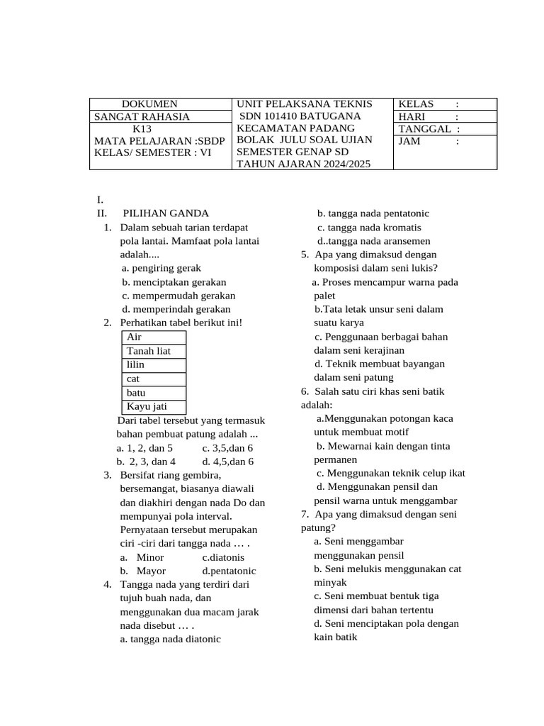 SOAL UJIAN SBDP Kelas VI | PDF