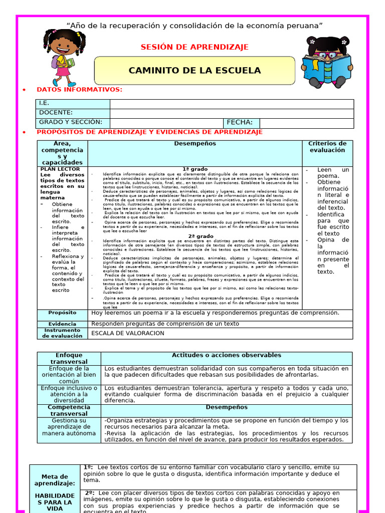 U0 S1 Sesion D4 Plan Lector Caminito A La Escuela | PDF | Aprendizaje ...