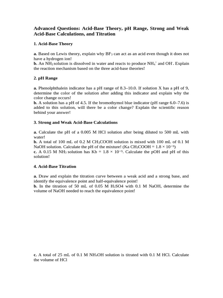 Advanced Questions: Acid-Base Theory, PH Range, Strong and Weak Acid ...