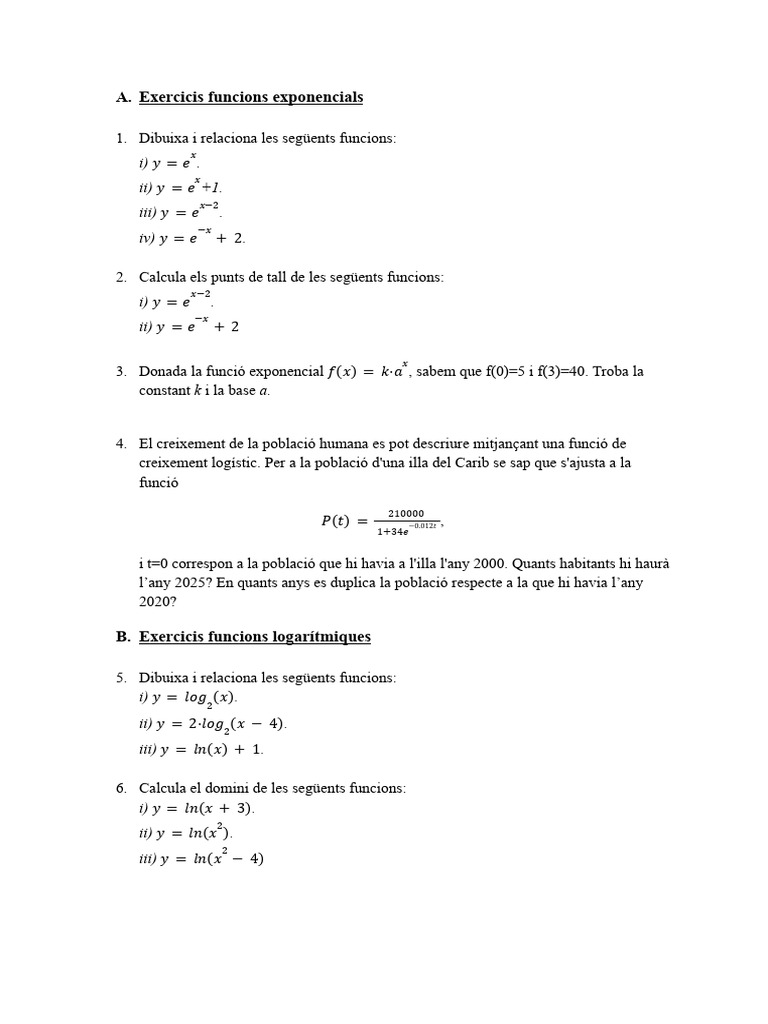 Exercicis Funcions Exp - Log | PDF