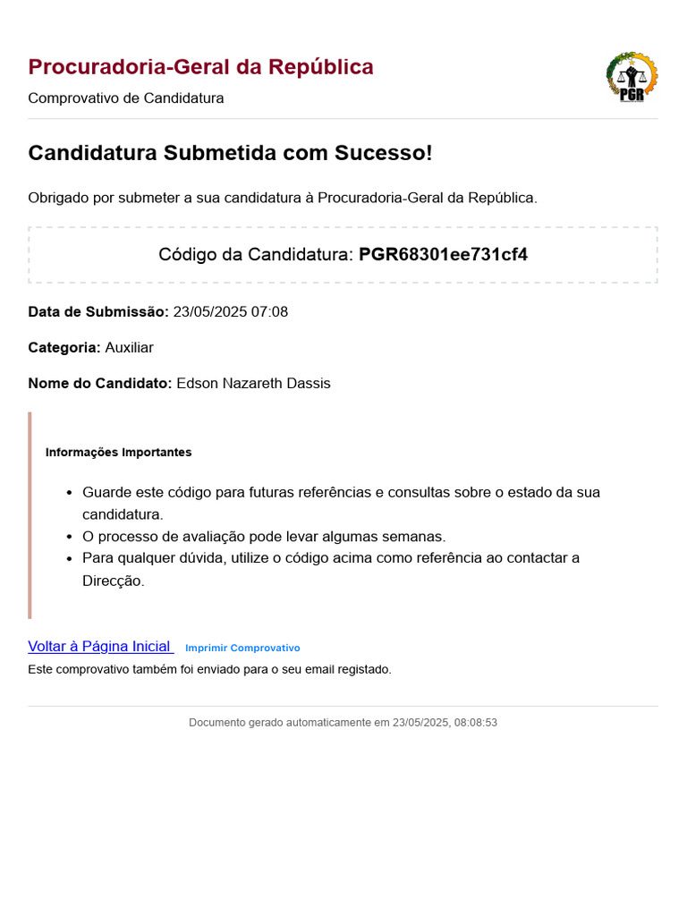 Comprovativo de Candidatura - PGR | PDF
