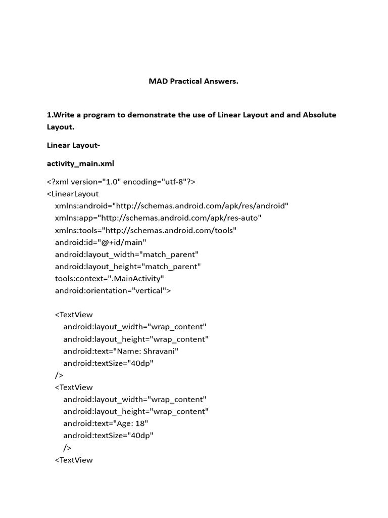 MAD Practical Answers.docx | PDF | Android (Operating System) | Java (Programming Language)