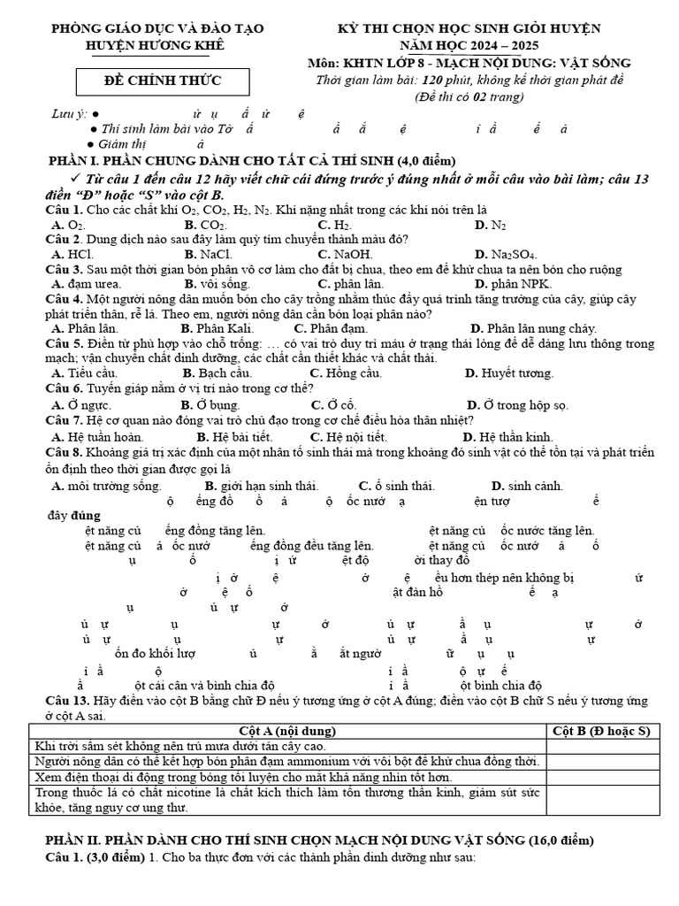 Đề thi HSG huyện Hương Khê môn KHTN Sinh 2024 2025 1 | PDF
