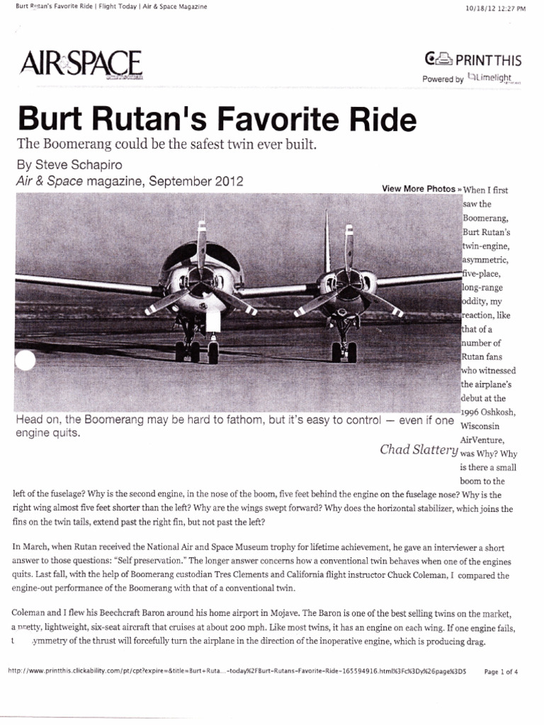 Boomerang - Burt Rutan Asymmetrical Airplane | PDF
