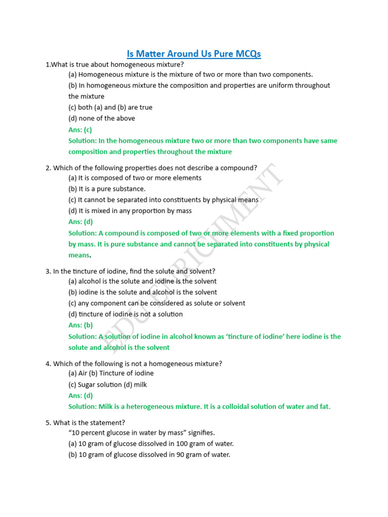 Class 9 MCQs on Matter and Mixtures | PDF | Mixture | Phases Of Matter
