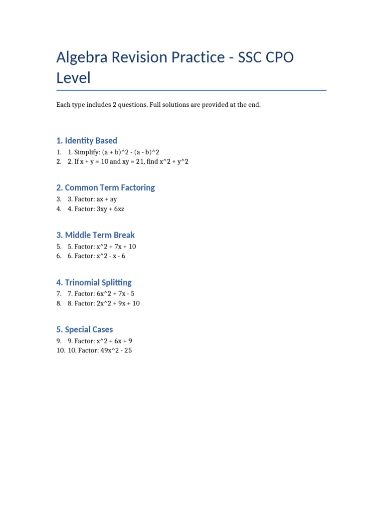 Algebra Revision CPO Level | PDF