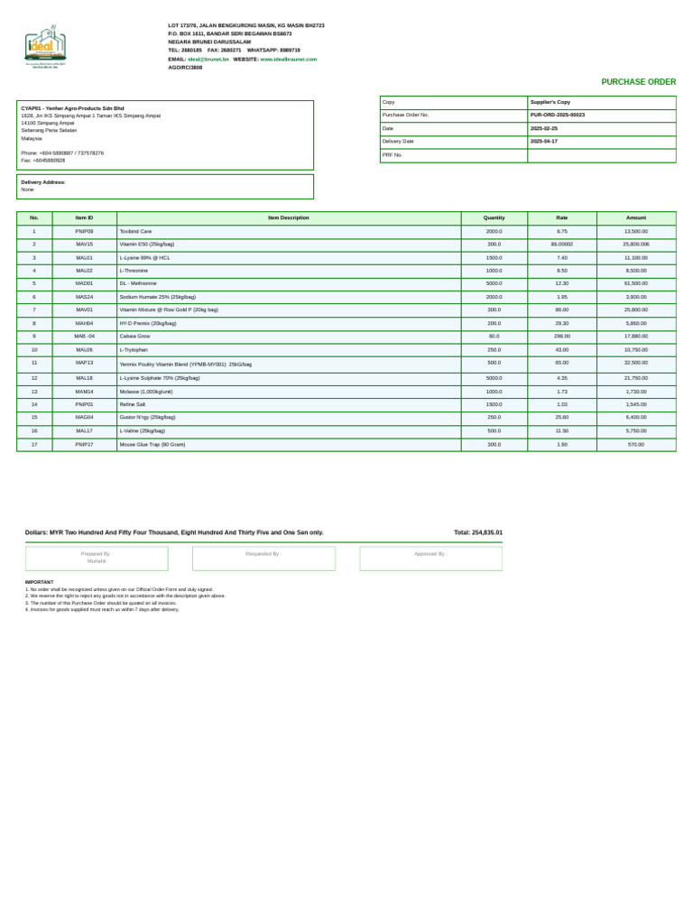 One - CYAP01 - Yenher Agro-Products SDN BHD | PDF
