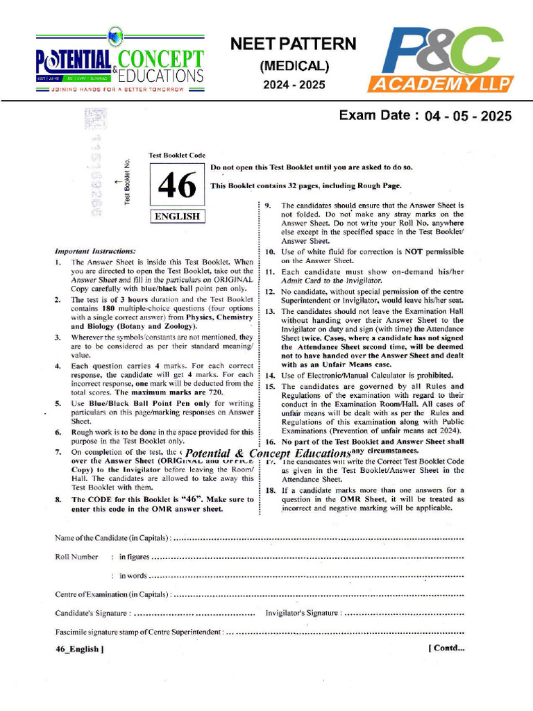 Final Ans With Qns NEET (Medical) Paper 04-05-2025 | PDF