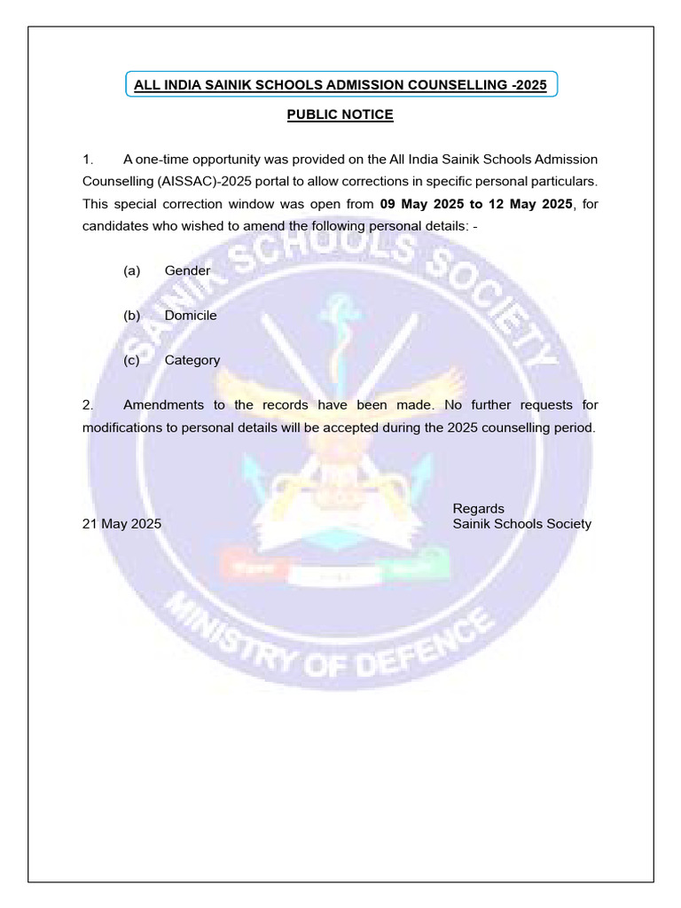 All India Sainik Schools Admission Counselling 3 | PDF