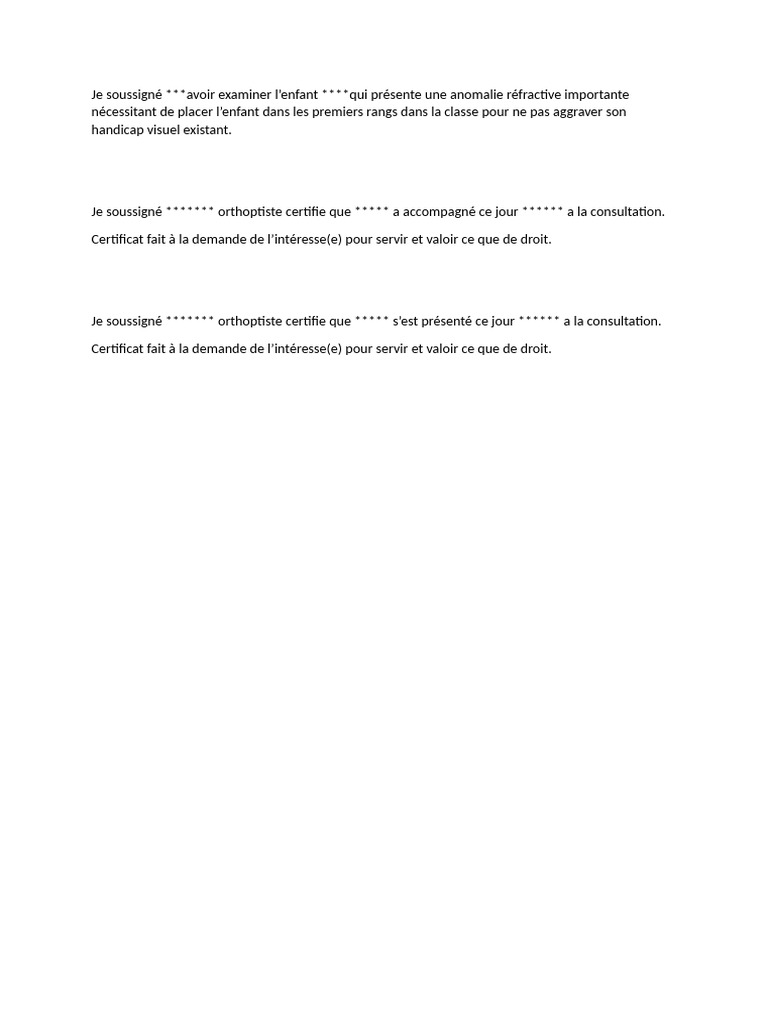 Certificat d'orthoptie pour handicap visuel | PDF